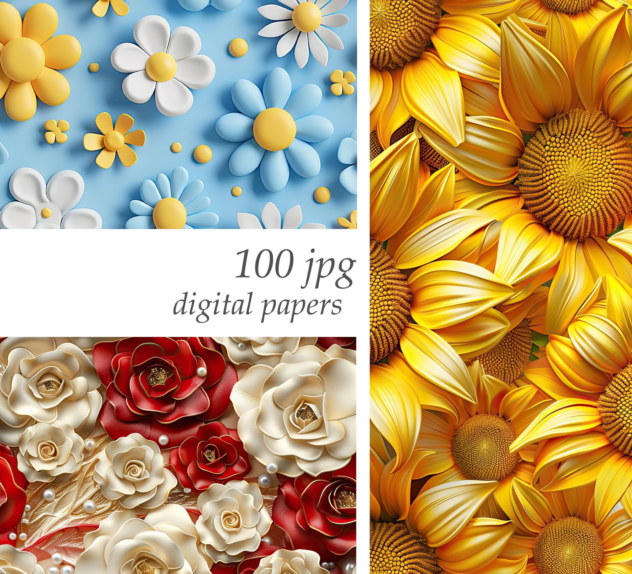 3D Flower Digital Paper, Flower Background, Scrapbook Papers, Spring ...