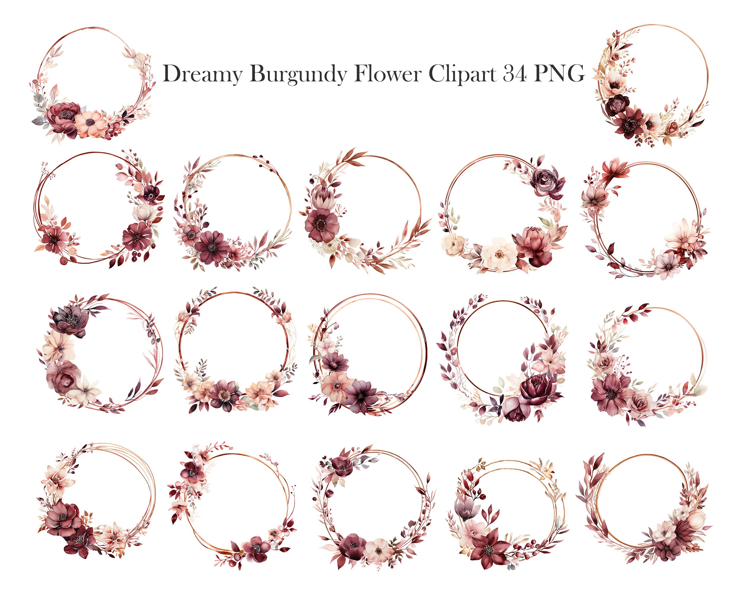 Burgundy Flower PNG, Watercolor Burgundy Floral Clipart Bundle, Wedding ...