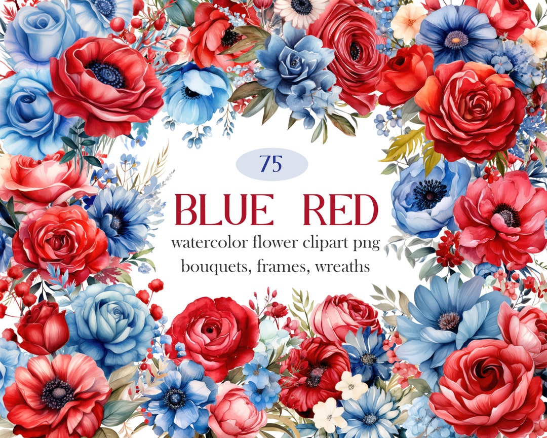 Blue Red Flower PNG, Watercolor Red Blue Floral Clipart Bundle, Flowers ...