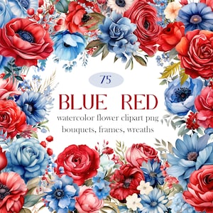 Blue Red Flower PNG, Watercolor Red Blue Floral Clipart Bundle, Flowers ...