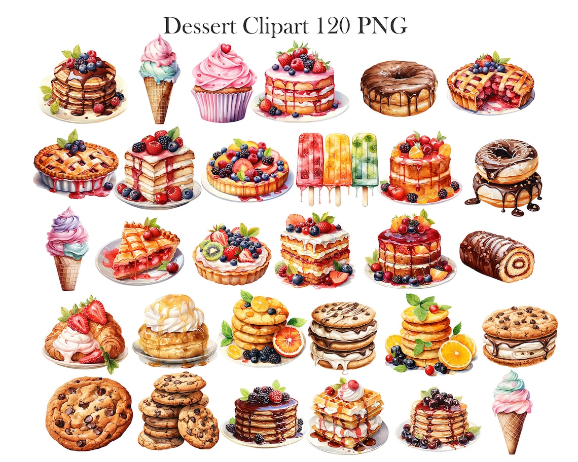 Dessert Clipart, Watercolor Dessert PNG Bundle, Sweet Treats Clipart ...