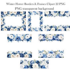 Winter Flower Border Clipart, Watercolor Blue Flower PNG, Flower Frame ...