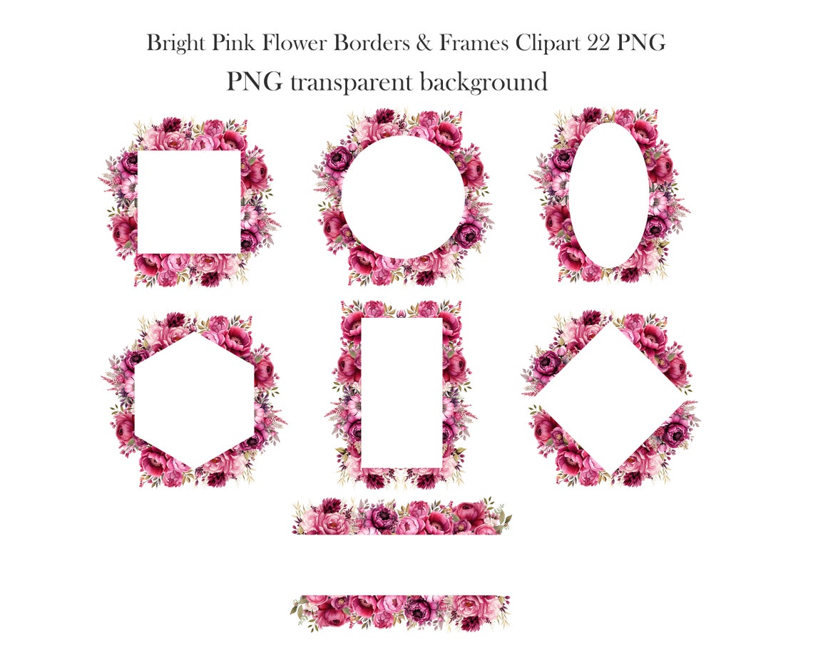 Bright Pink Flower Border Clipart, Watercolor Flower Border PNG Bundle ...