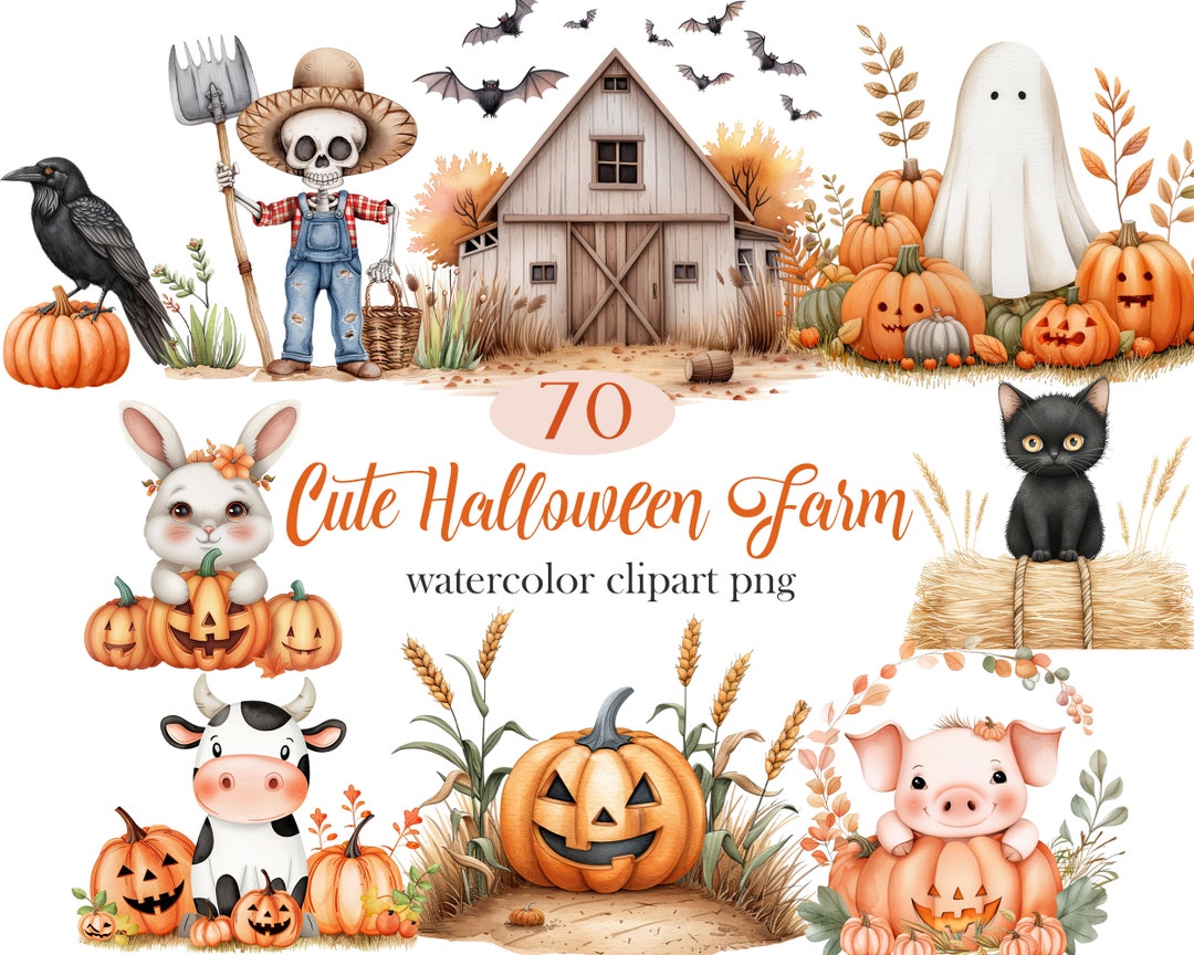Cute Halloween Farm Clipart, Watercolor Halloween PNG, Halloween ...