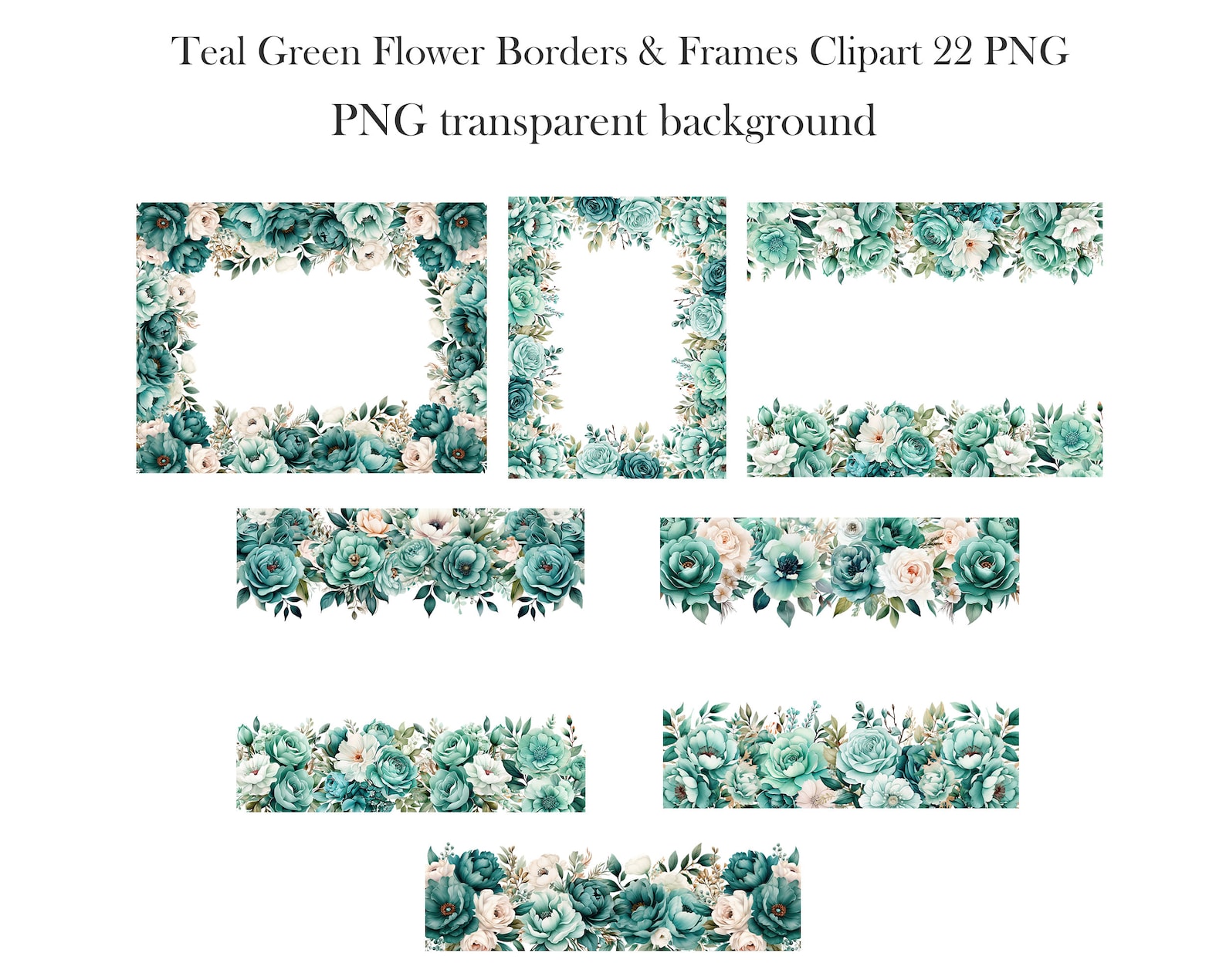 Teal Green Flower Border Clipart, Watercolor Green Floral PNG, Flower ...