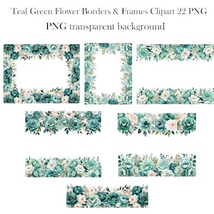 Teal Green Flower Border Clipart, Watercolor Green Floral PNG, Flower ...