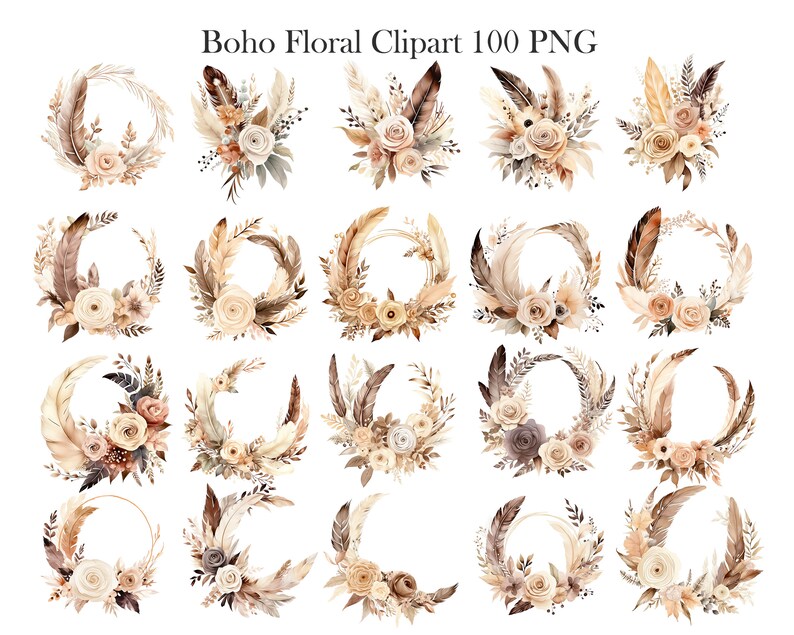 Boho Flower Clipart, Watercolor Floral Clipart Bundle, Boho Floral PNG ...