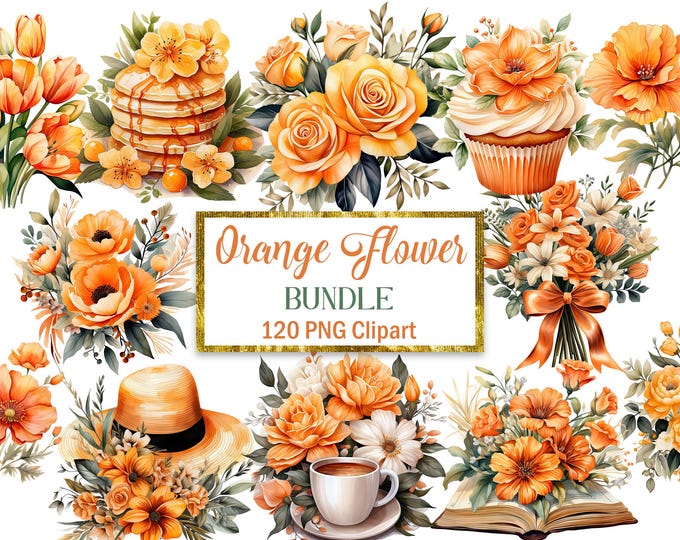 Orange Floral PNG, Watercolor Orange Flower Clipart Bundle, Bouquet ...