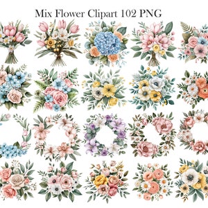 Mix Flower Clipart Bundle, Watercolor Floral PNG, Wedding Bouquet ...
