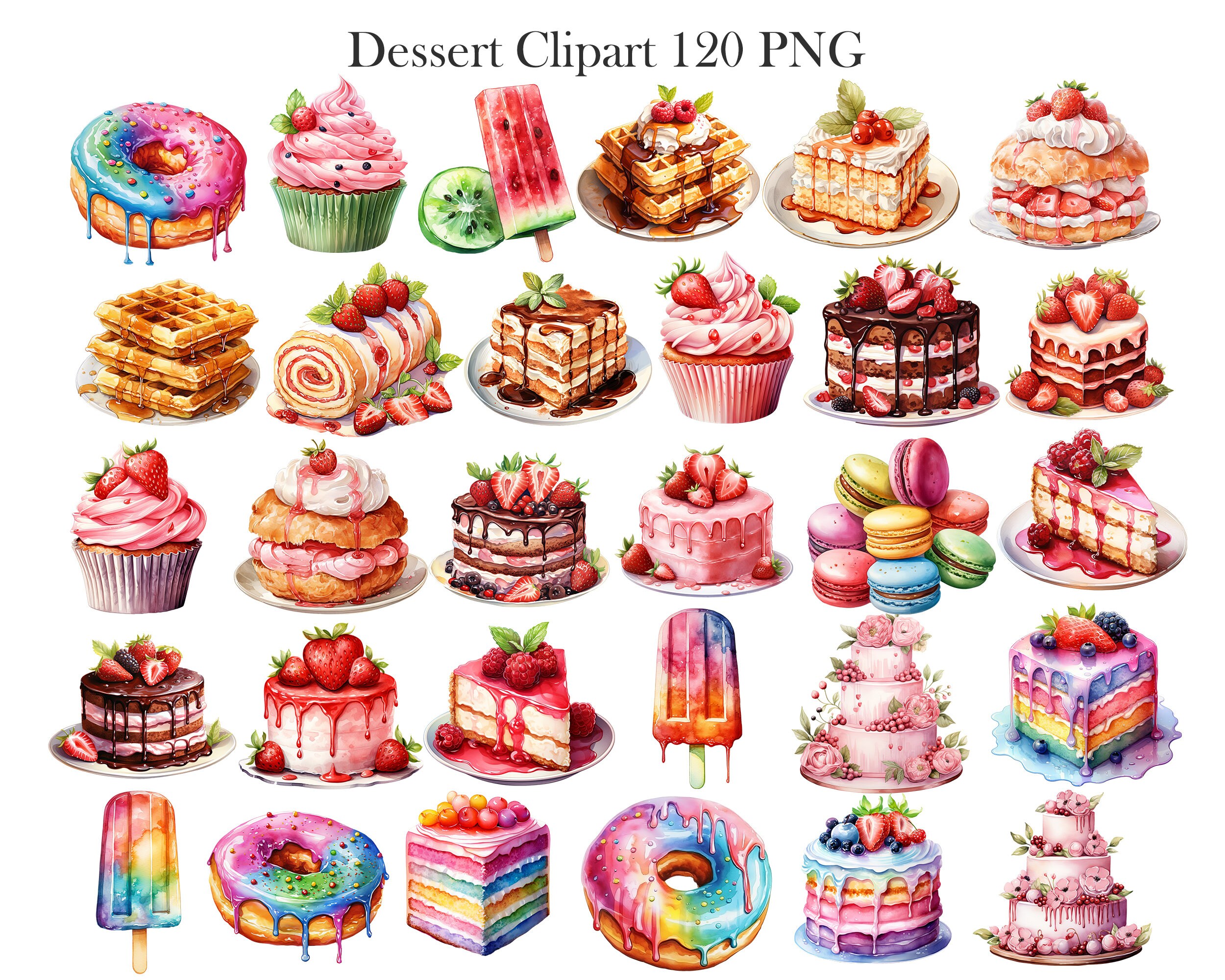 Dessert Clipart, Watercolor Dessert PNG Bundle, Sweet Treats Clipart ...