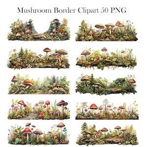 Mushroom Border Clipart, Watercolor Mushroom PNG, Autumn Clipart, Fall ...