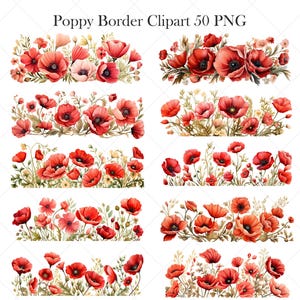 Poppy PNG, Watercolor Poppy Border Clipart, Flower Borders, Digital ...