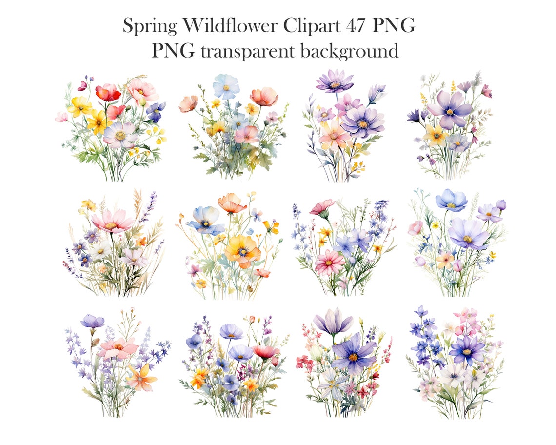 Spring Wildflower Clipart, Watercolor Floral Clipart Bundle, Flower ...