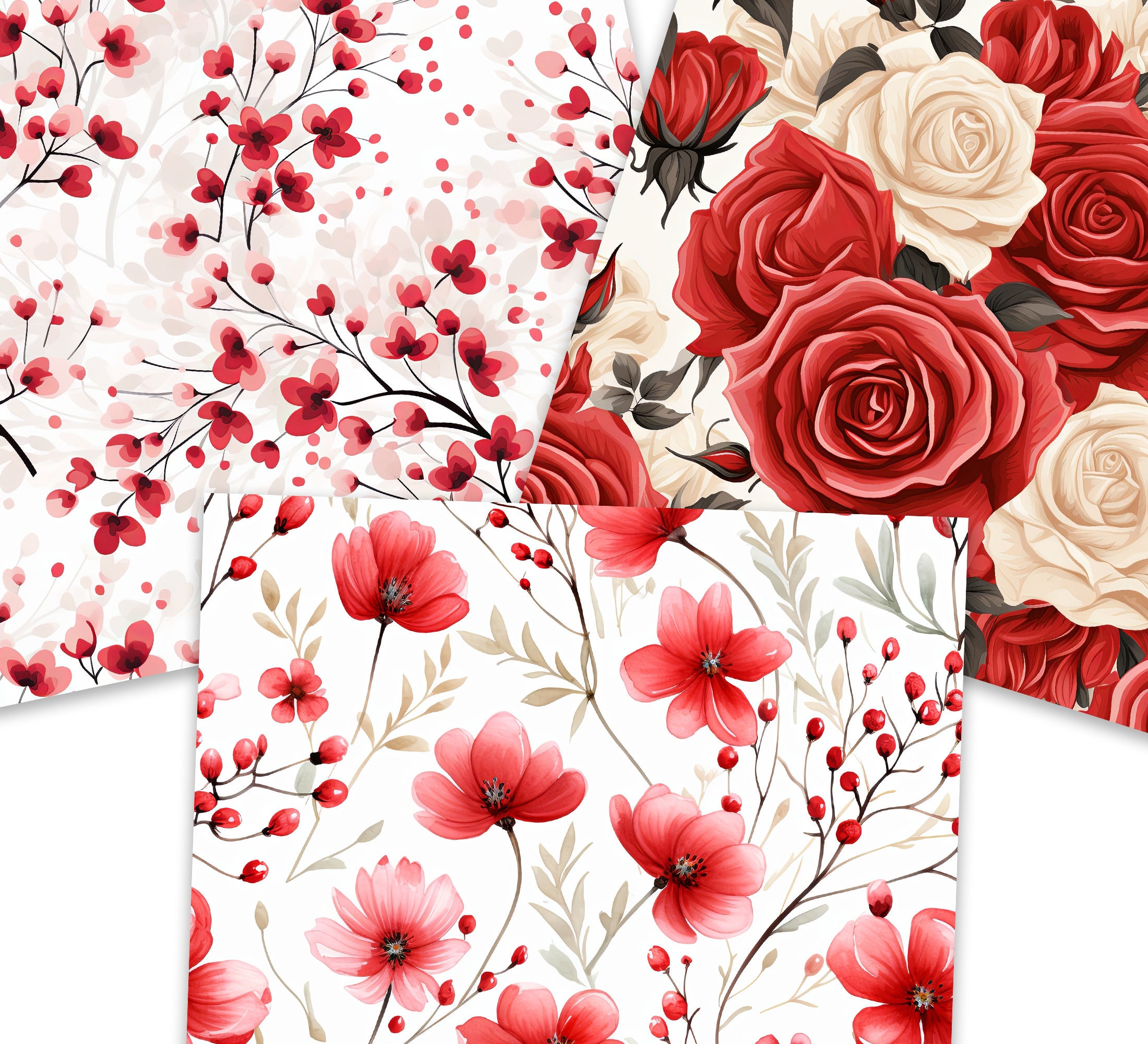 Red Flower Digital Paper, Flower Seamless Pattern, Watercolor Floral ...