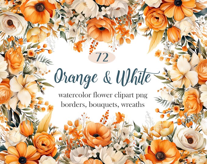 Orange Floral PNG, Watercolor Orange Flower Clipart Bundle, Bouquet ...
