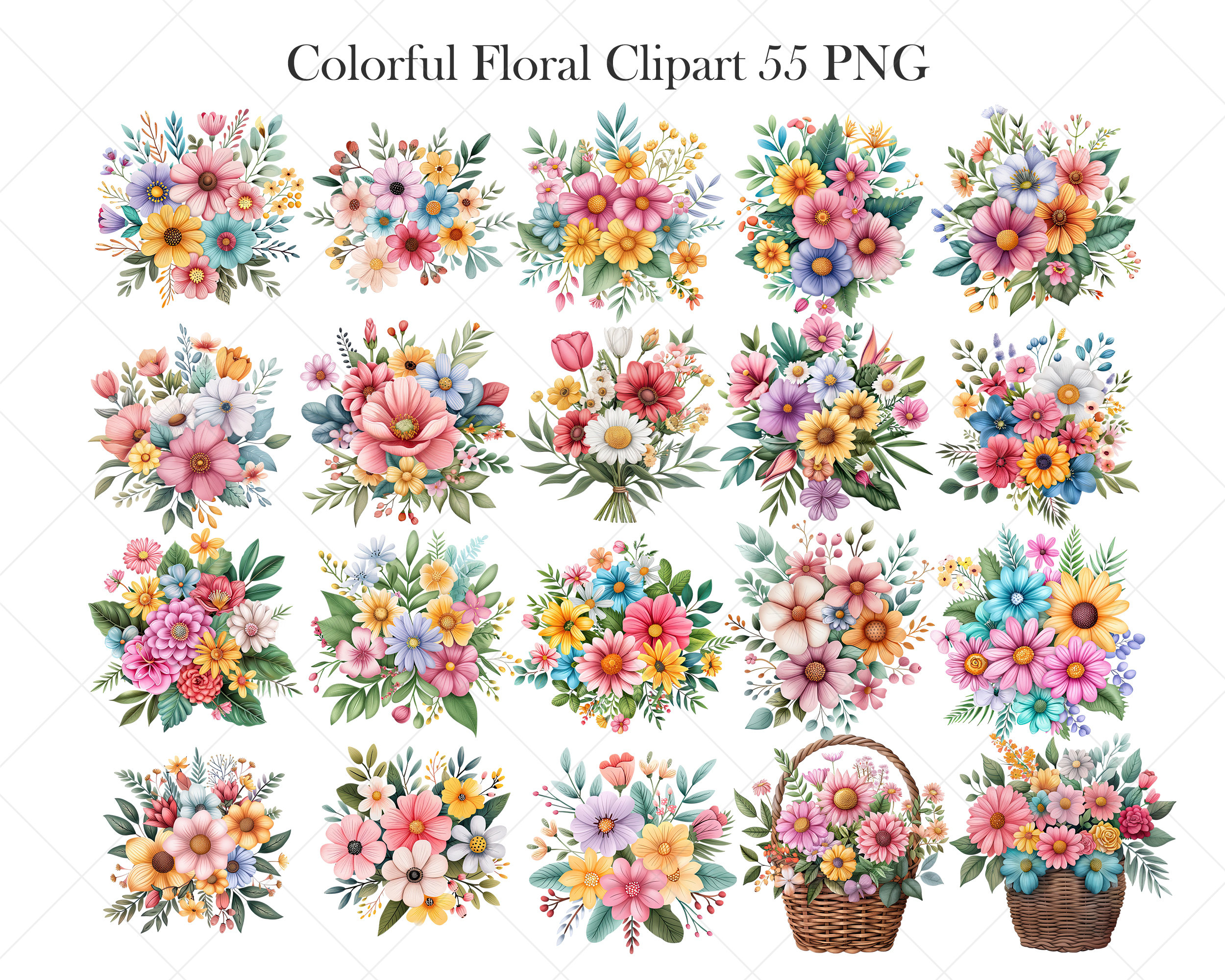 Colorful Floral Clipart, Summer Flower PNG, Floral Bouquet, Wreath ...