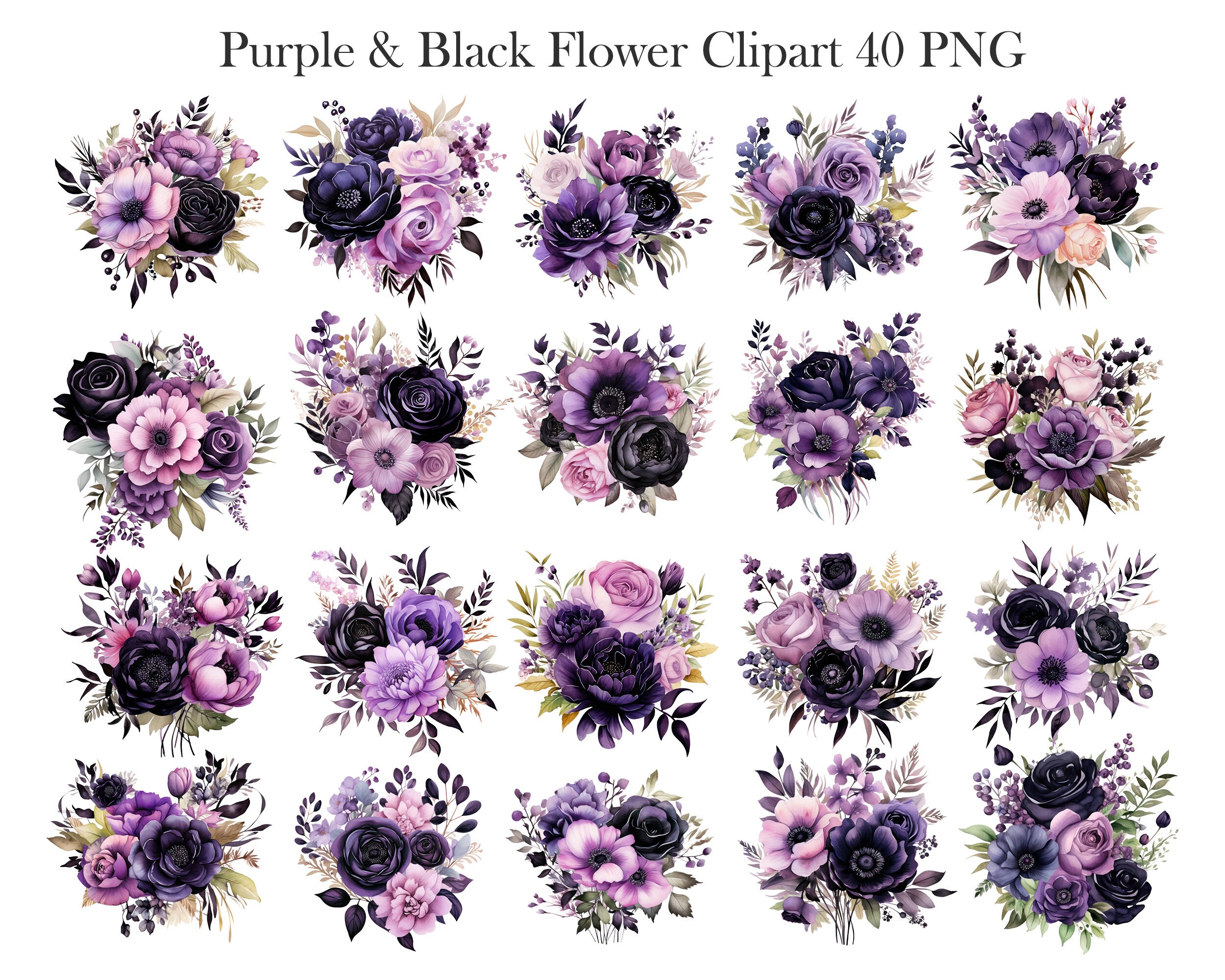 Purple and Black Flower PNG, Watercolor Purple Floral Clipart, Purple ...