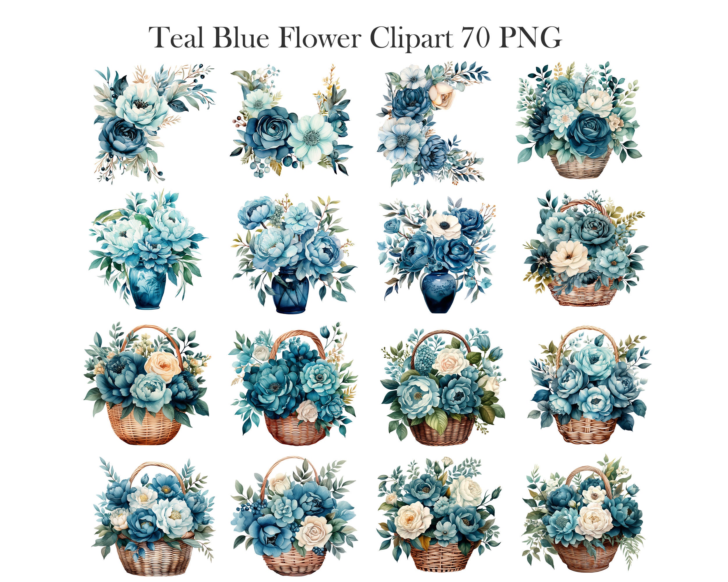 Teal Blue Flower PNG, Watercolor Blue Floral Clipart Bundle, Winter ...