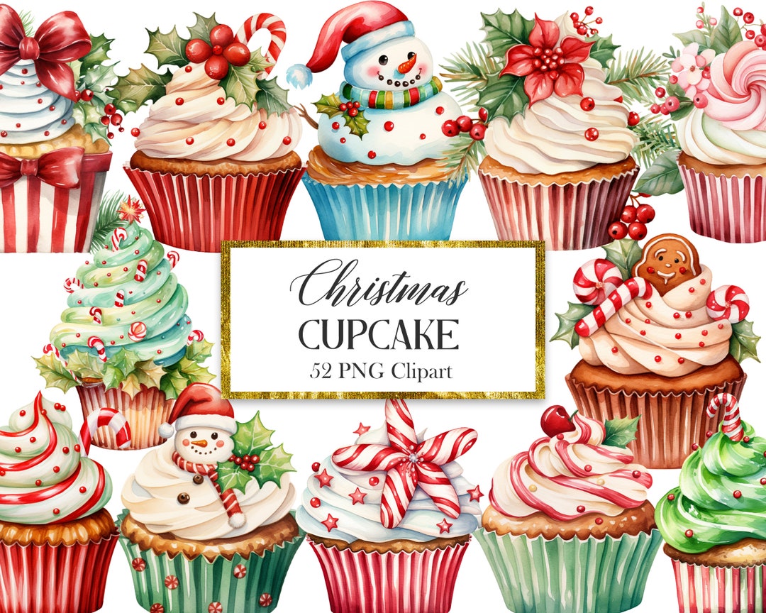 Christmas Cupcake Clipart Bundle, Watercolor Christmas Dessert PNG ...