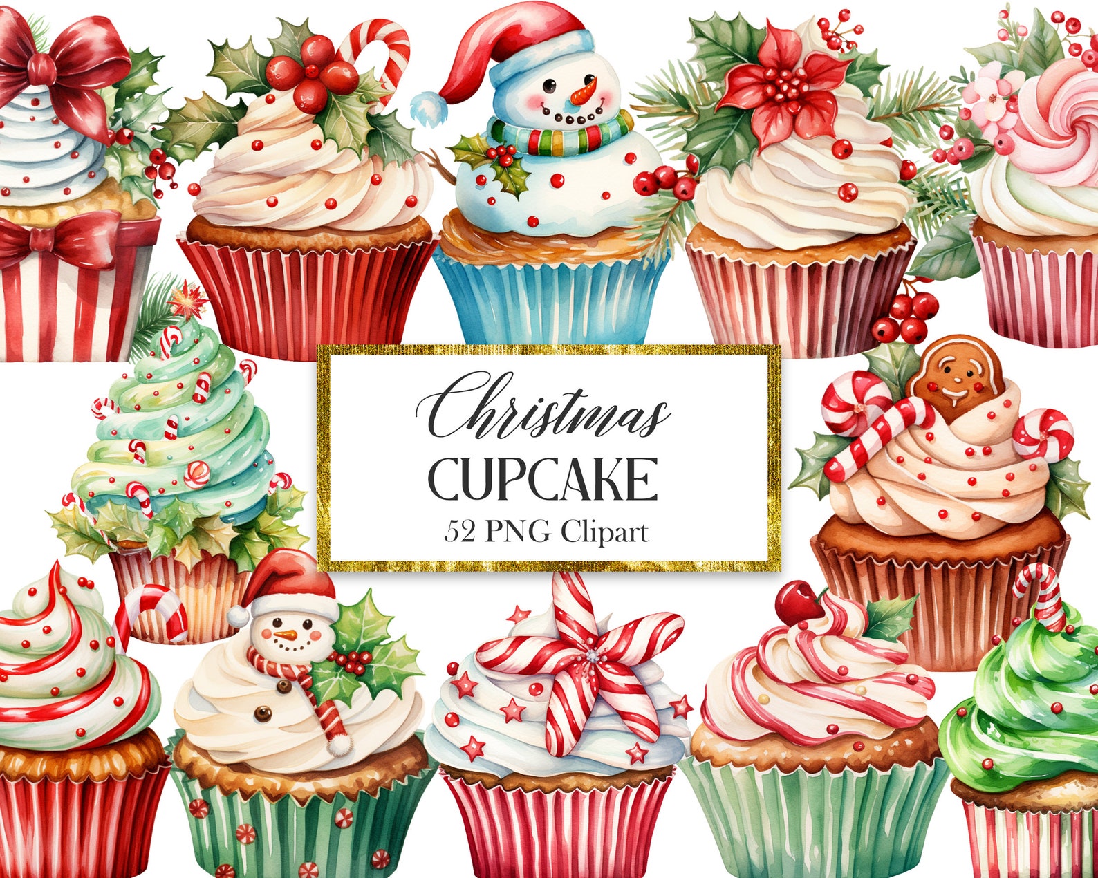 Christmas Cupcake Clipart Bundle, Watercolor Christmas Dessert PNG ...