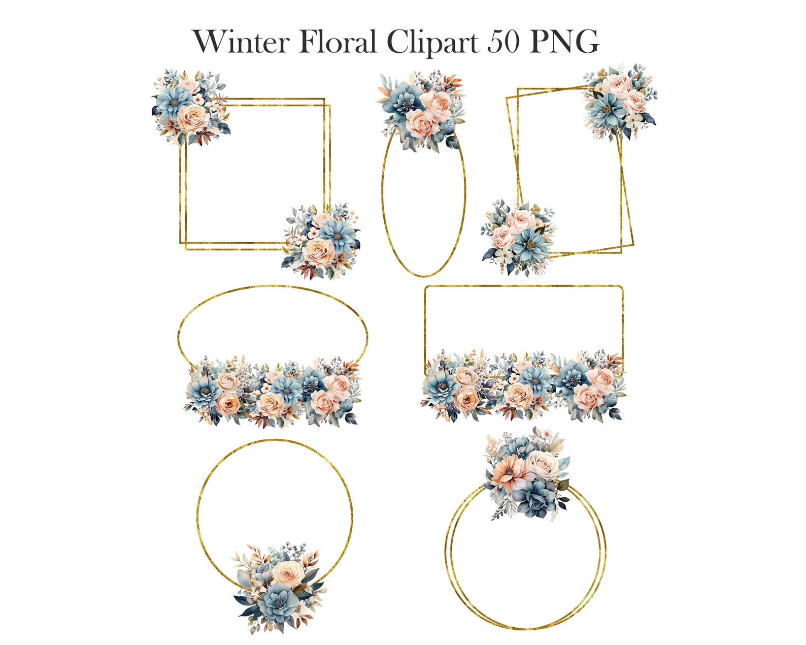 Winter Flower PNG, Watercolor Blue Flower Clipart Bundle, Flower Border ...