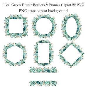 Teal Green Flower Border Clipart, Watercolor Green Floral PNG, Flower ...