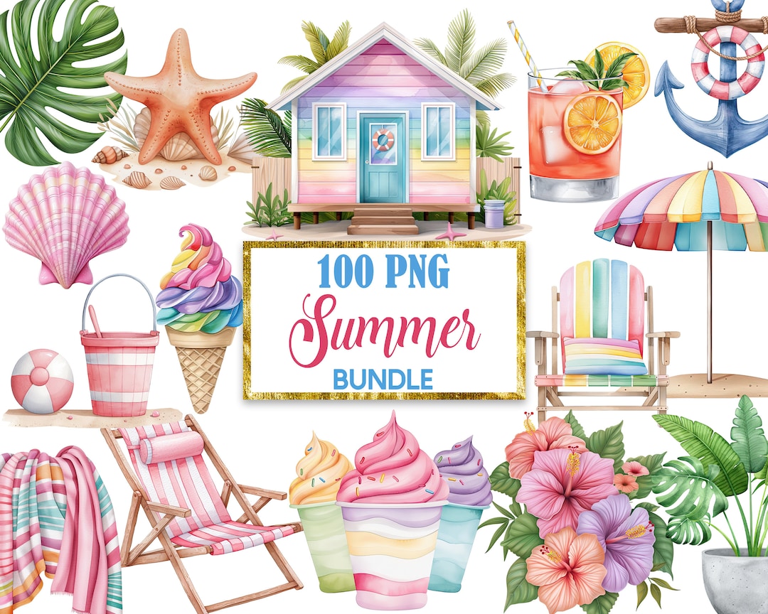 Summer Clipart Bundle, Watercolor Summer PNG, Tropical Flower, Digital ...