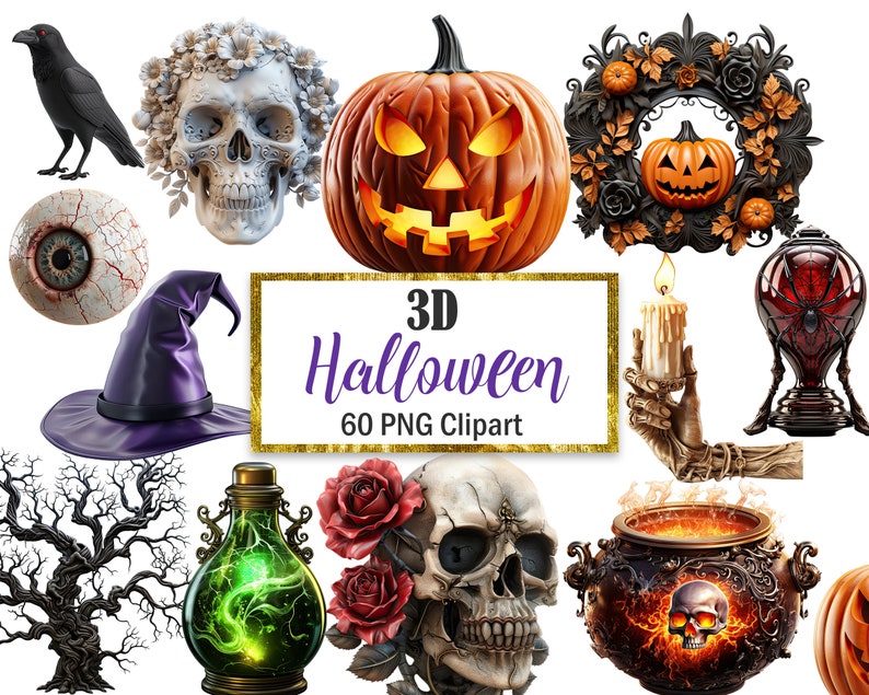 Halloween PNG, 3D Halloween Clipart Bundle, Halloween Sublimation ...
