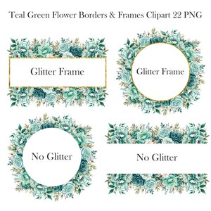 Teal Green Flower Border Clipart, Watercolor Green Floral PNG, Flower ...