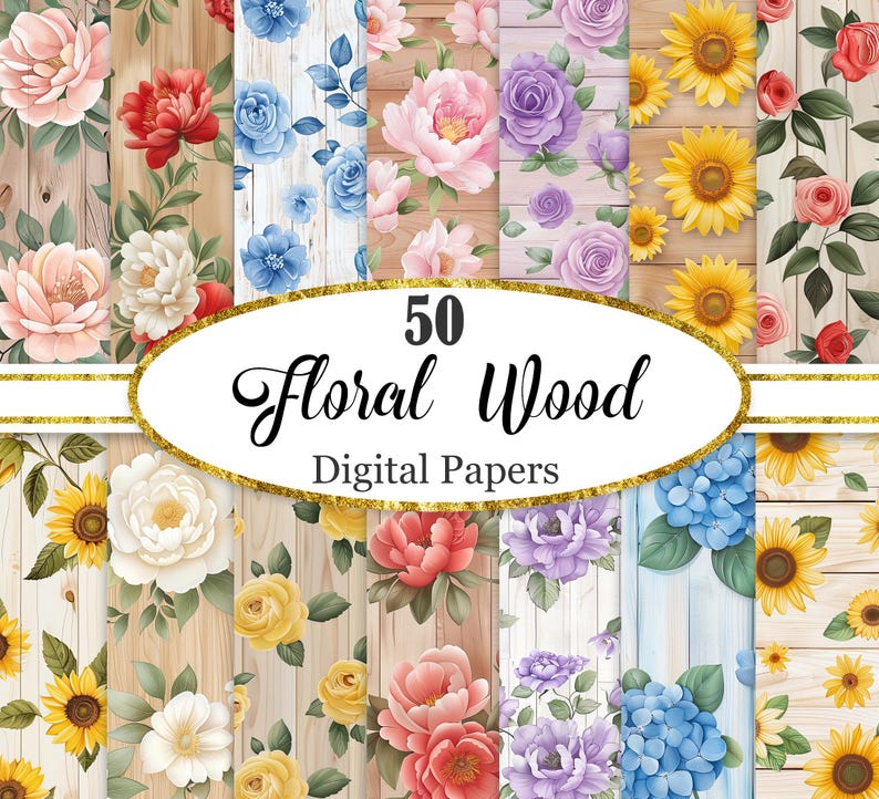 Floral Wood Digital Paper, Flower Background, Wood Texture, Scrapbook ...