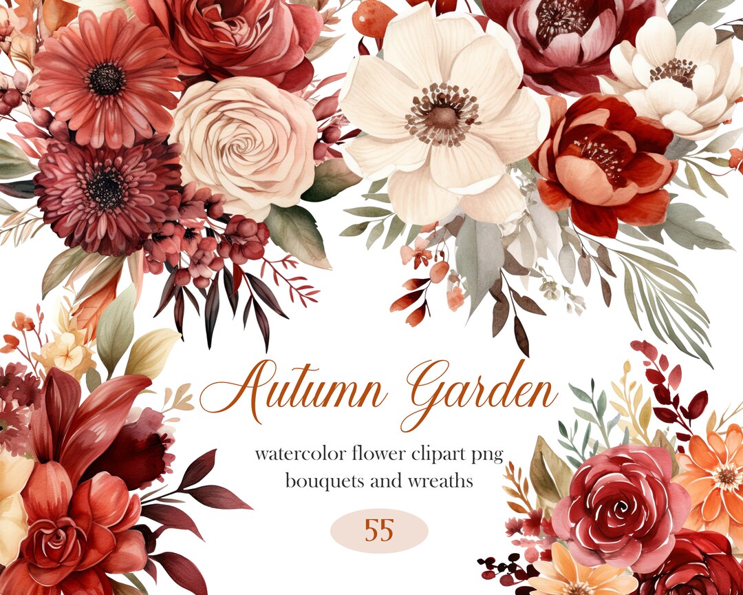 Autumn Garden Floral Clipart, Watercolor Autumn Flower Clipart Bundle ...