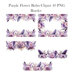 Purple Flower PNG, Watercolor Boho Floral Clipart, Flower Border ...