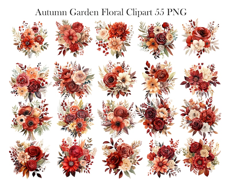 Autumn Garden Floral Clipart, Watercolor Autumn Flower Clipart Bundle ...
