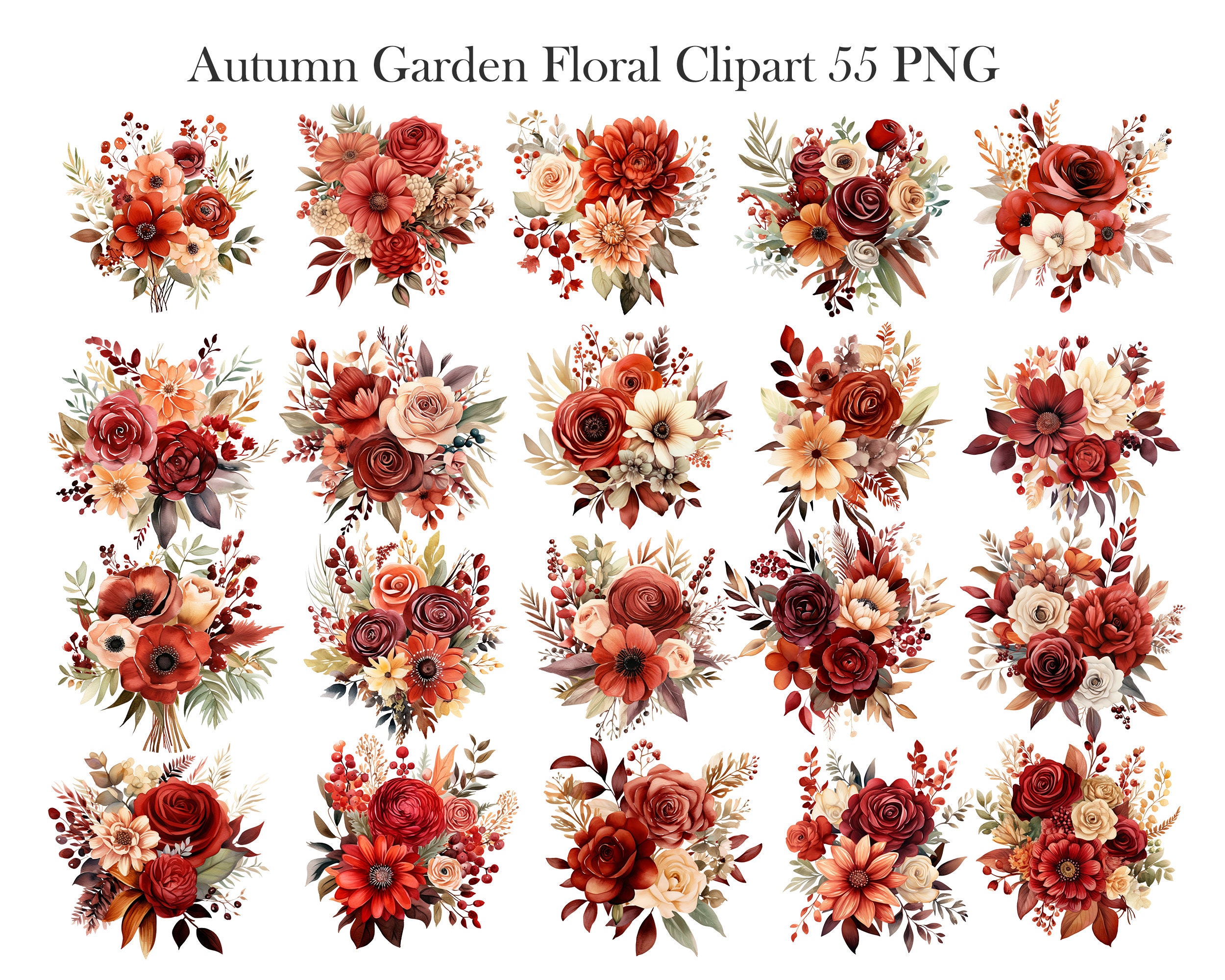Autumn Garden Floral Clipart, Watercolor Autumn Flower Clipart Bundle ...
