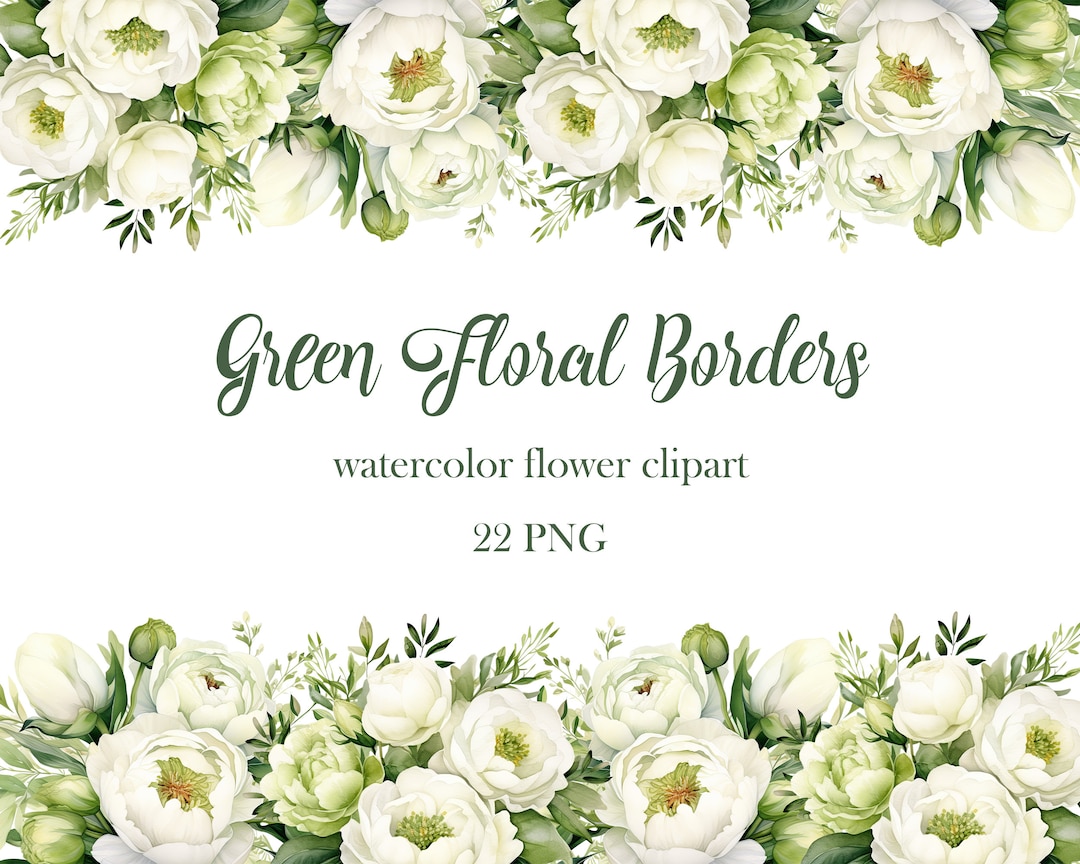 Green Flower Border Clipart, Watercolor Floral Border PNG Bundle ...