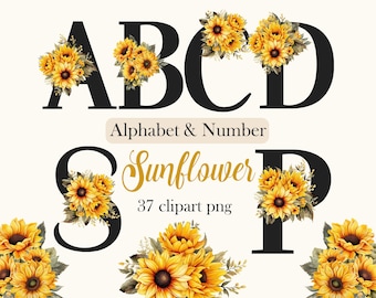 Watercolor Sunflower Alphabet Clipart: Floral Letters & Numbers (PNG ...