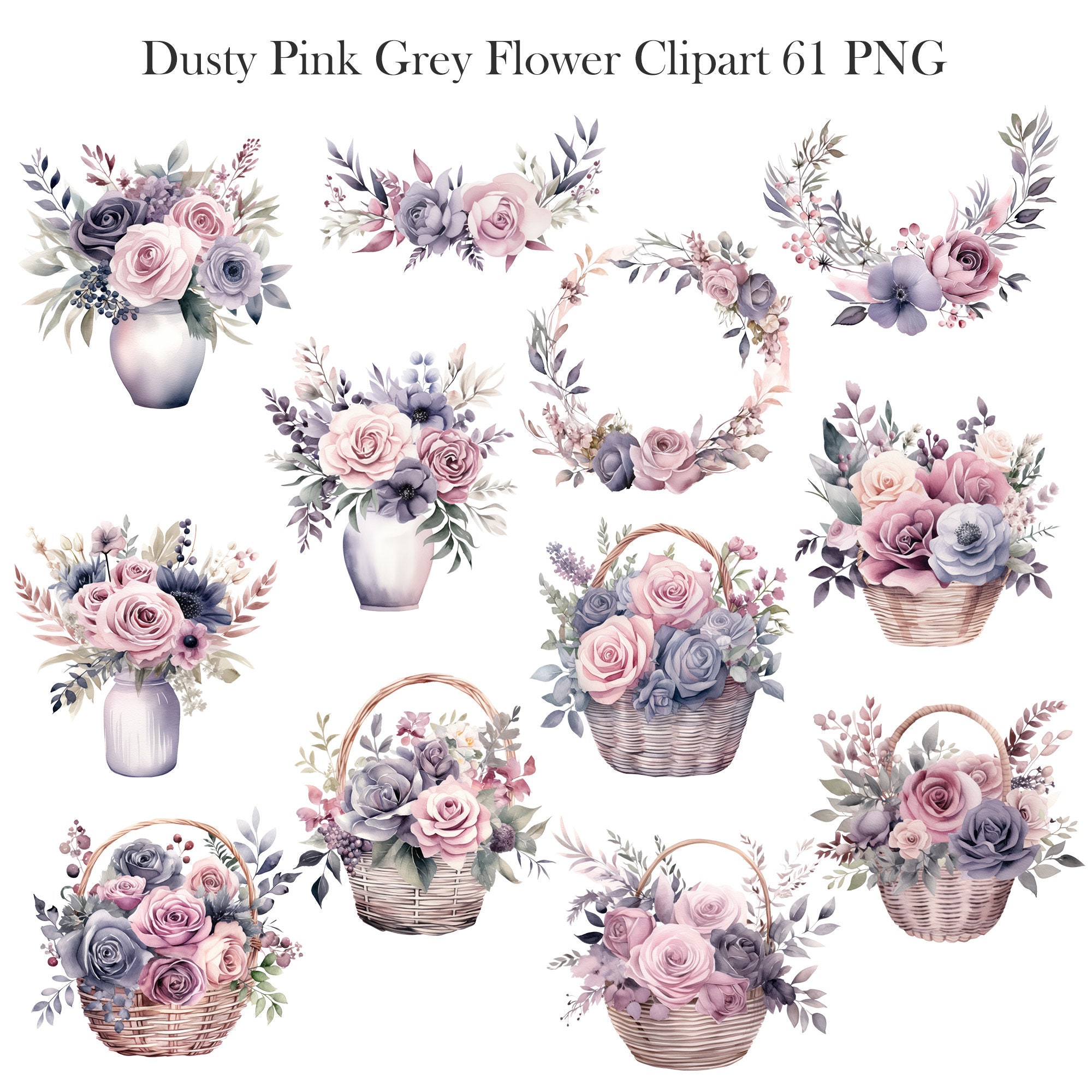 Pink Grey Flower Clipart, Dusty Rose PNG, Wedding Bouquet, Spring ...