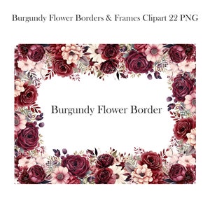 Burgundy Flower Border Clipart, Watercolor Flower Border PNG, Wedding ...