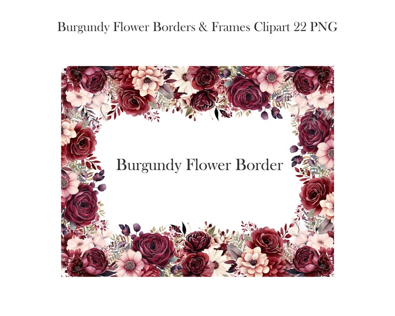 Burgundy Flower Border Clipart, Watercolor Flower Border PNG, Wedding ...