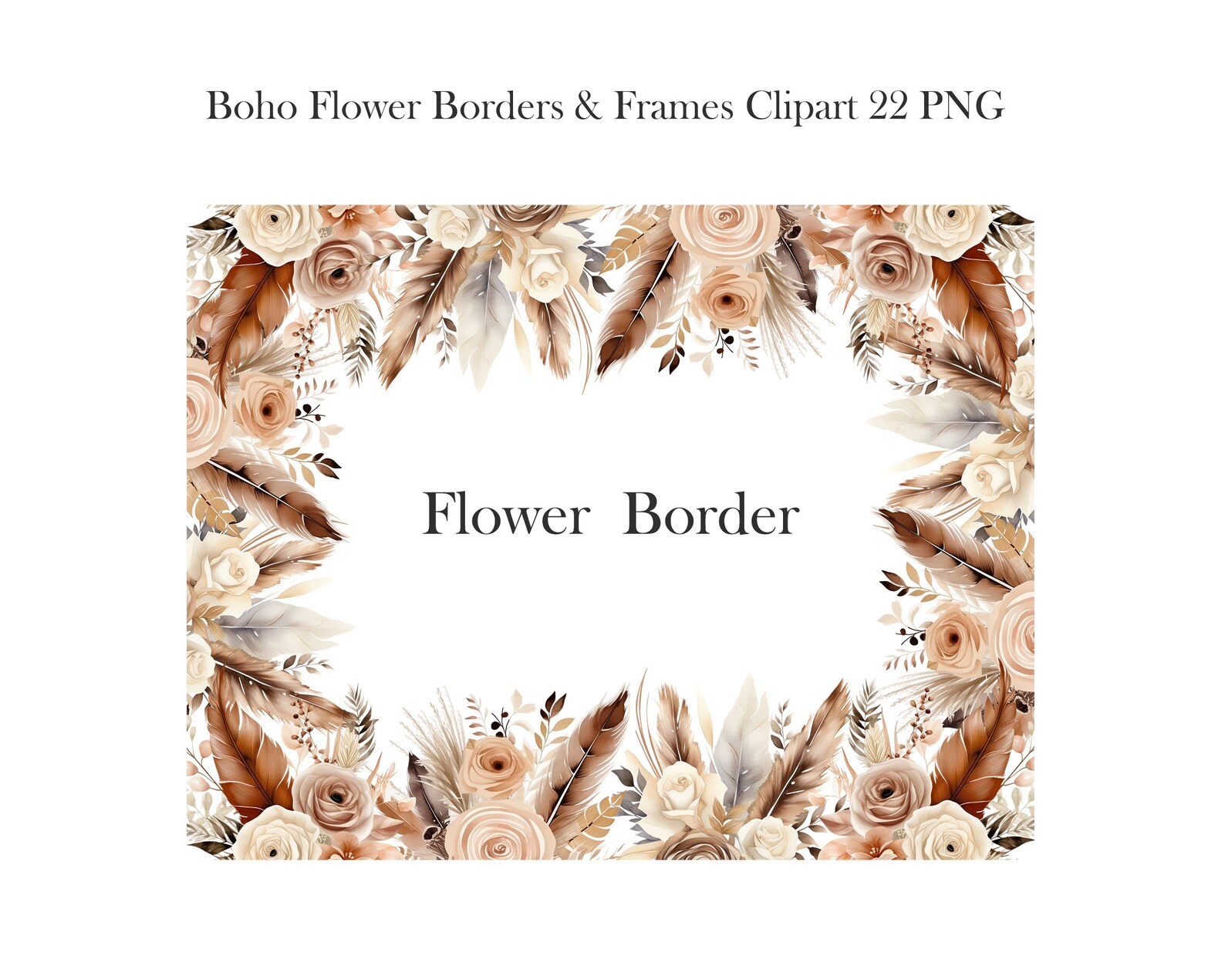 Boho Flower Border Clipart, Watercolor Boho Floral PNG, Flower Frame ...