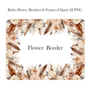 Boho Flower Border Clipart, Watercolor Boho Floral PNG, Flower Frame ...