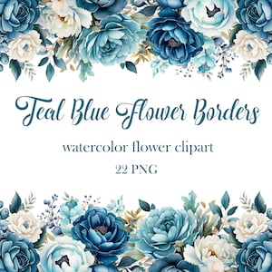 Teal Blue Flower Border Clipart, Watercolor Blue Floral PNG, Flower ...