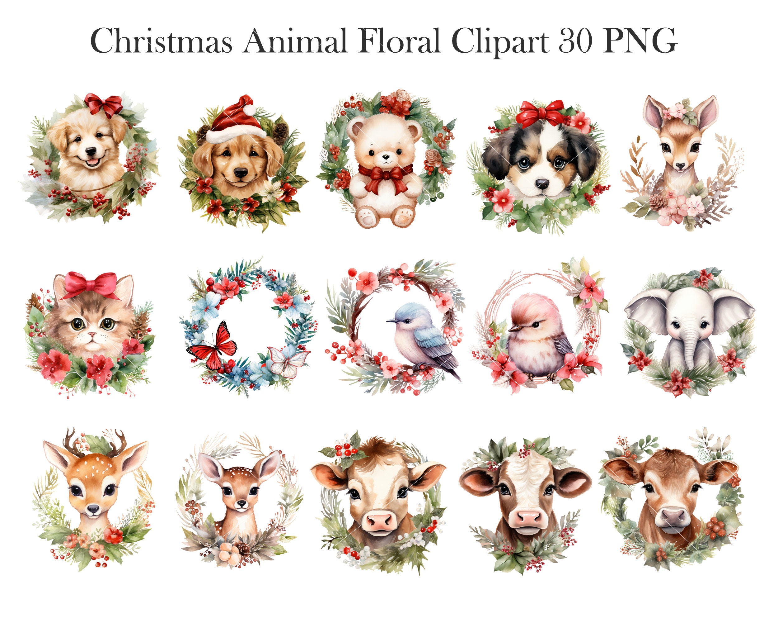 Christmas Animal Floral Watercolor Clipart, Christmas Sublimation ...