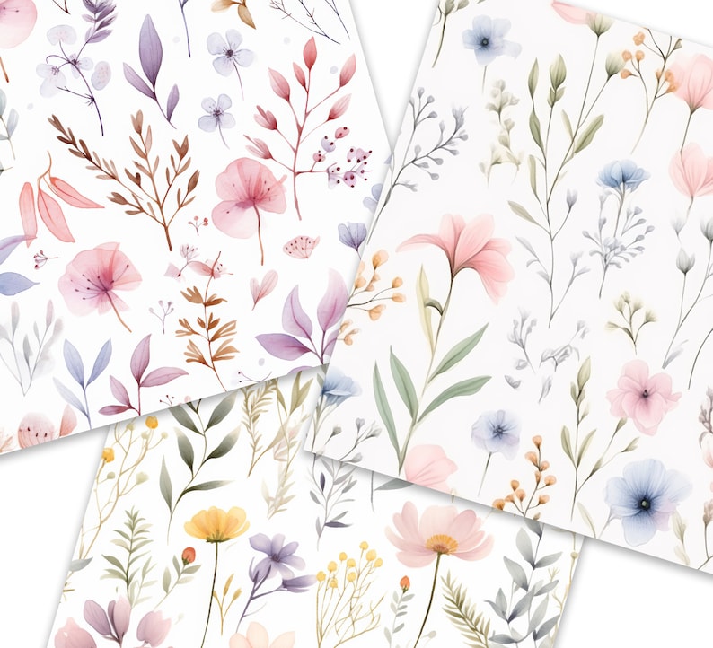 Wildflower Digital Paper Bundle, Watercolor Flower Background ...
