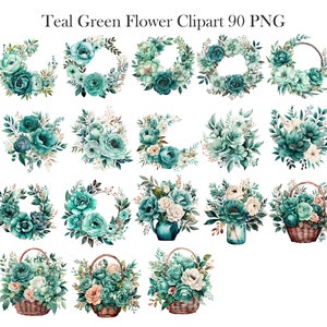 Teal Green Flower PNG, Watercolor Green Floral Clipart Bundle, Spring ...