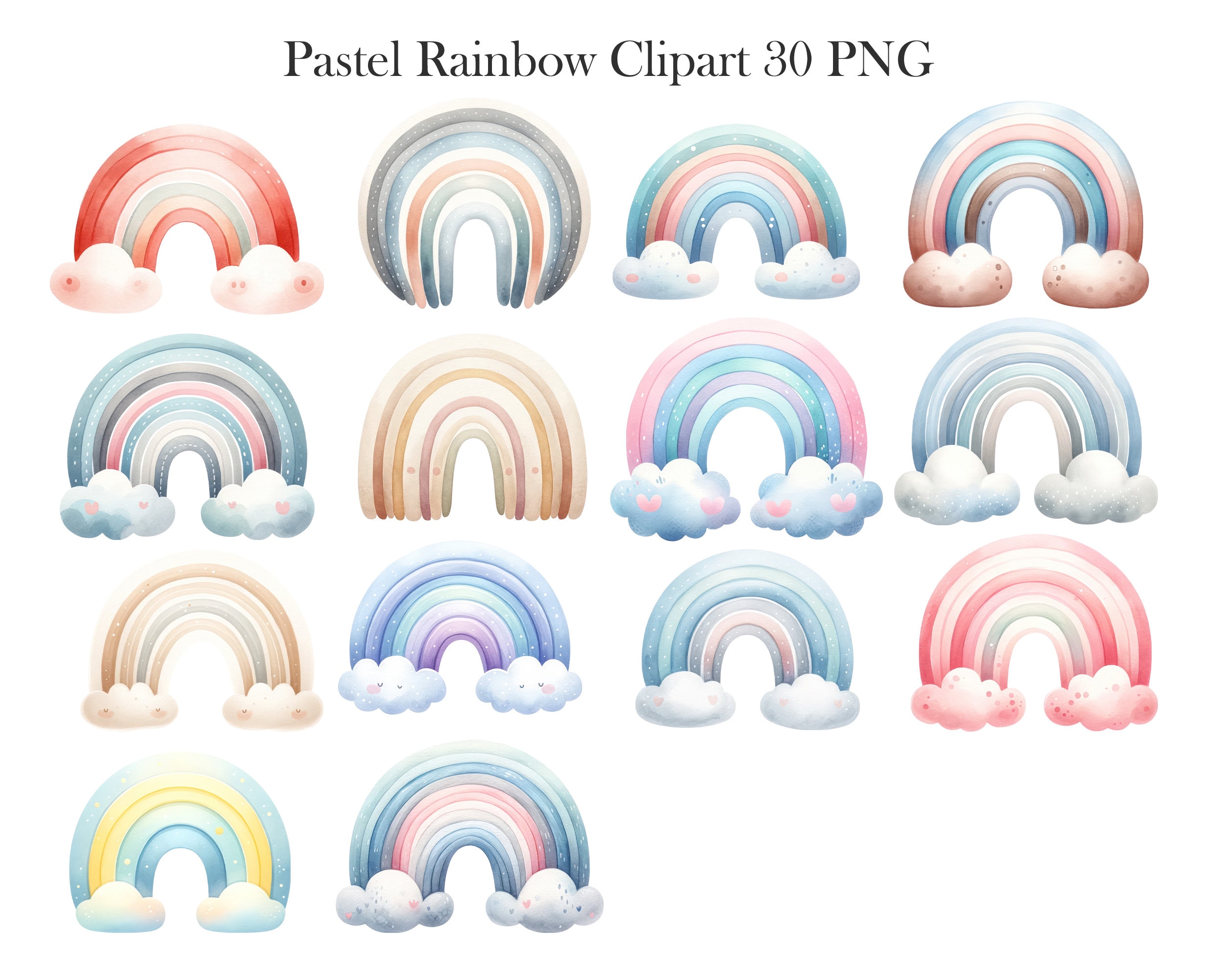 Pastel Rainbow Clipart, Watercolor Rainbow PNG Bundle, Boho Rainbow ...
