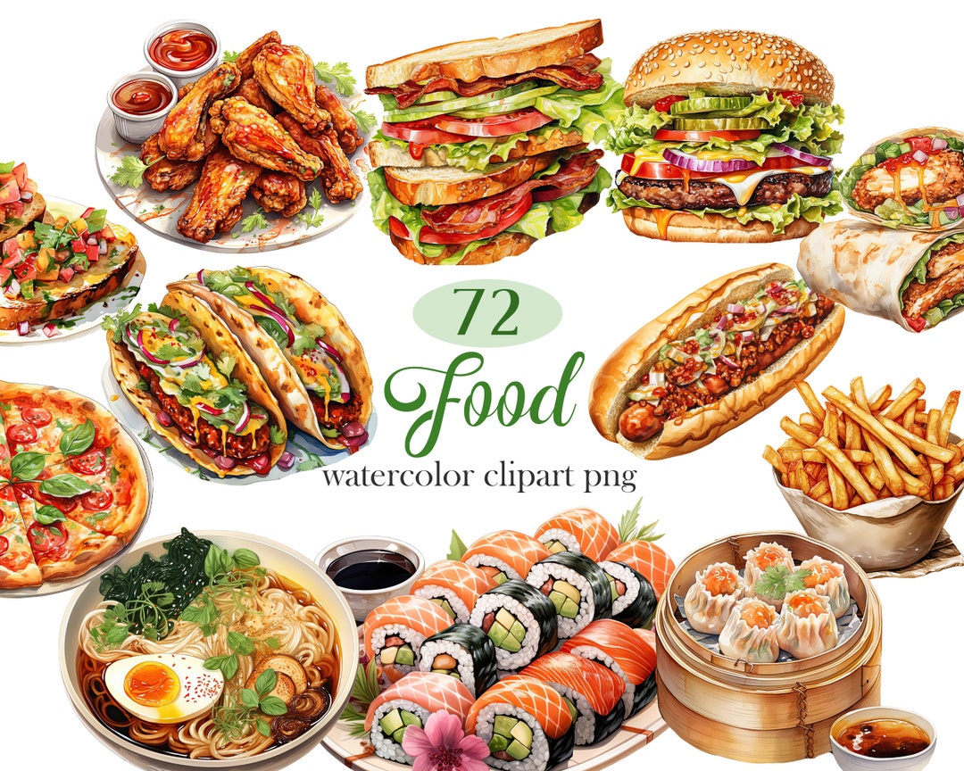 Food Clipart, Watercolor Food PNG Bundle, Lunch Clipart, Scrapbooking ...