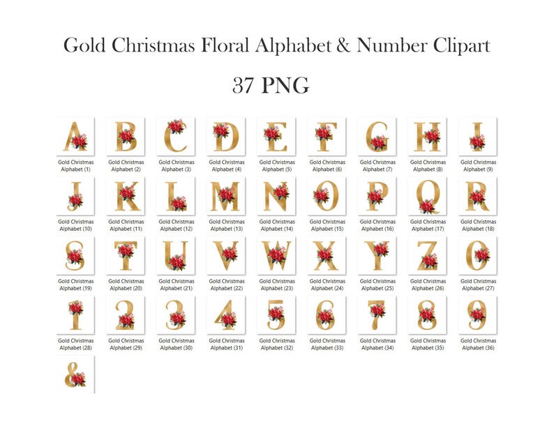 Christmas Alphabet Clipart, Christmas Floral Alphabet PNG, Gold Letters ...