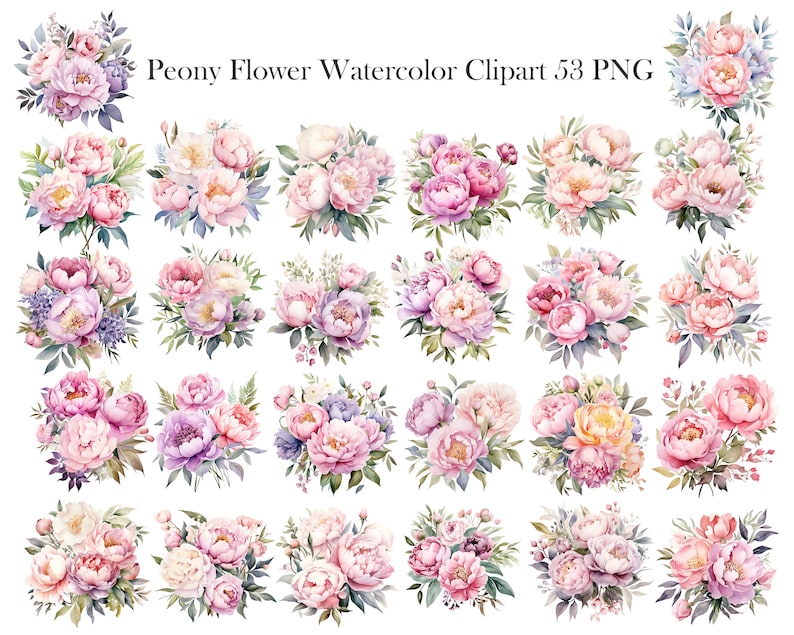 Peony Flower Clipart, Watercolor Floral PNG, Wedding Bouquet Wreath ...