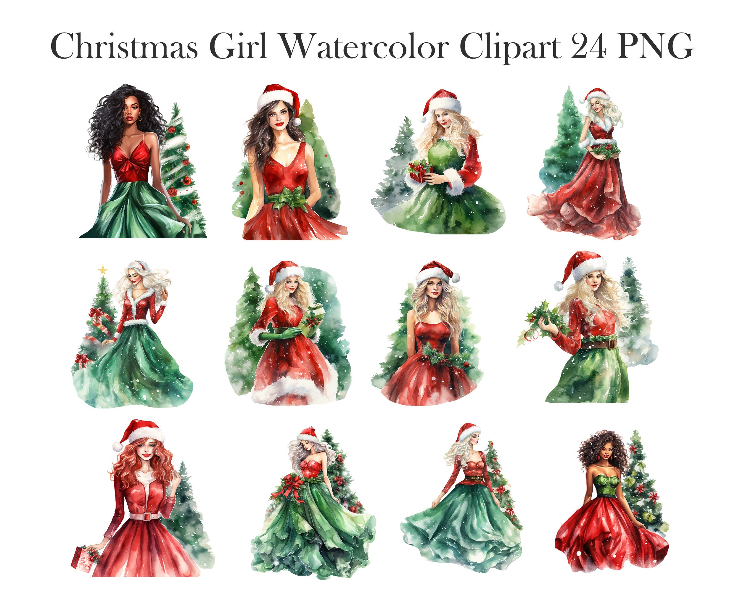 Christmas Girl Watercolor Clipart Christmas Women PNG - Etsy